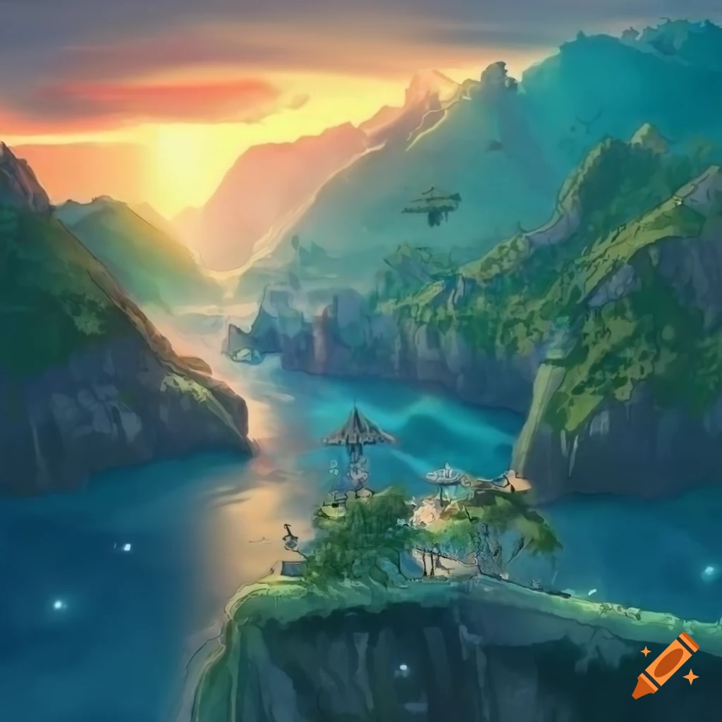 Map of a 3-tier fantasy city located on a cliffside in a tropical ...