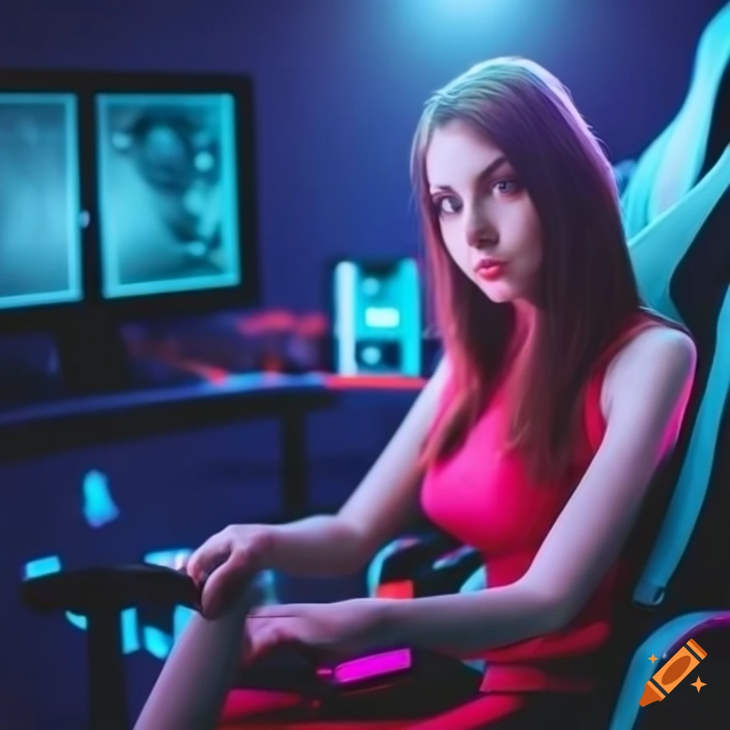 Female host, sitting in gamer chair, background of her creative gamer ...
