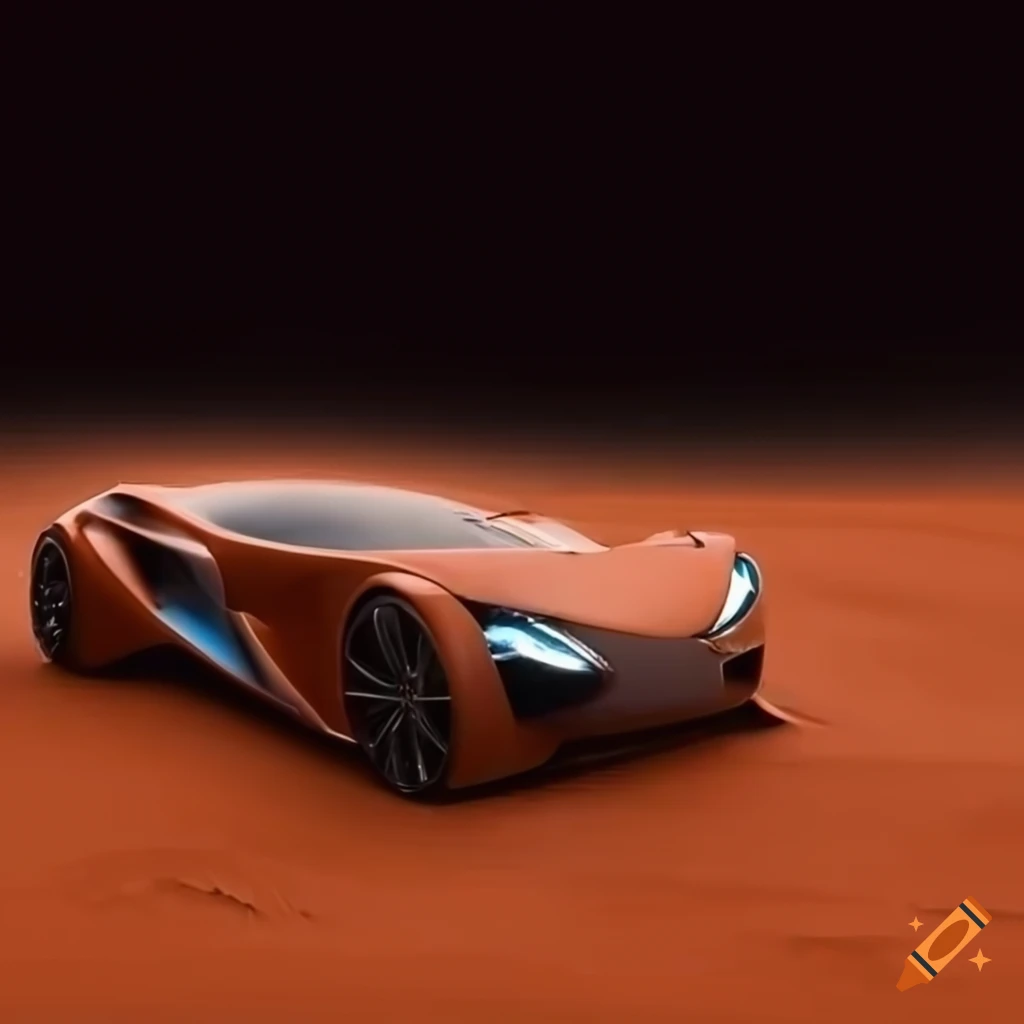 Concept sports car running on mars surface with earth planet in ...