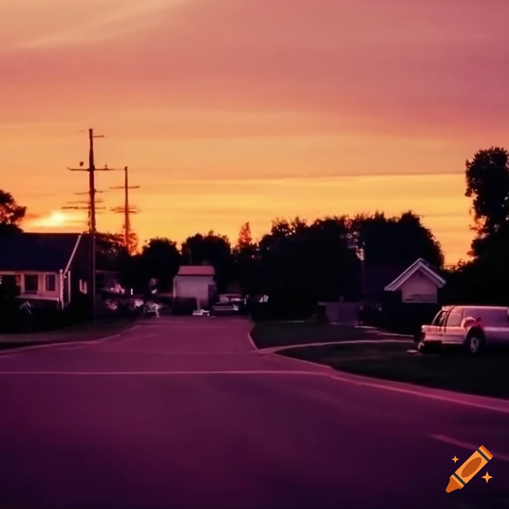 Suburban midwest neighborhood in the early 2000s during sunset in the ...
