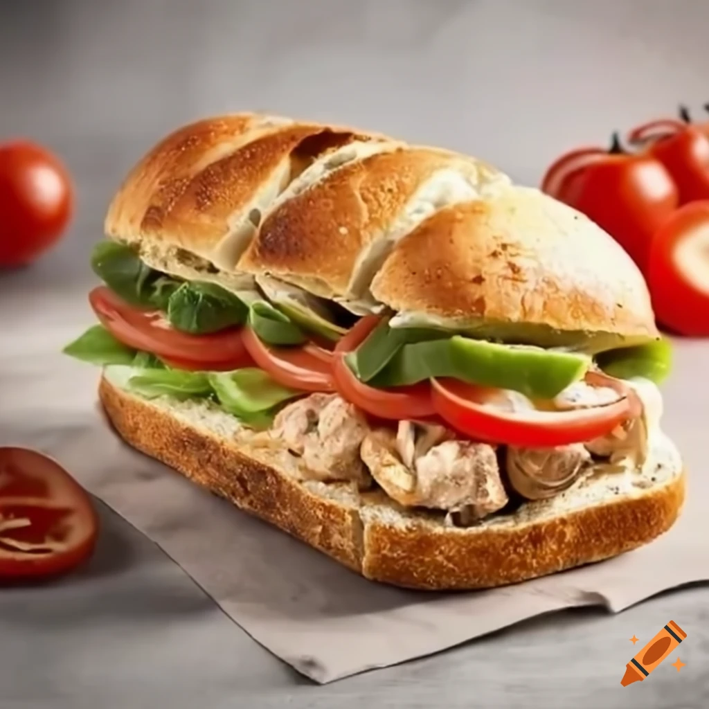 Sandwich demi baguette avec du poulet, tranche de tomate et salade on ...
