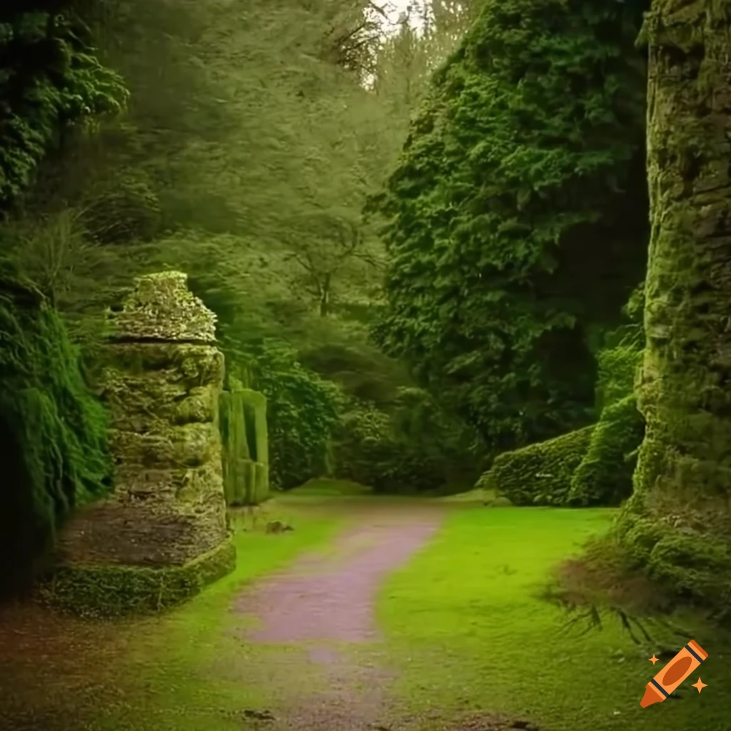 An old castle in Wales, garden, Welsh forest, moss, paved road ...
