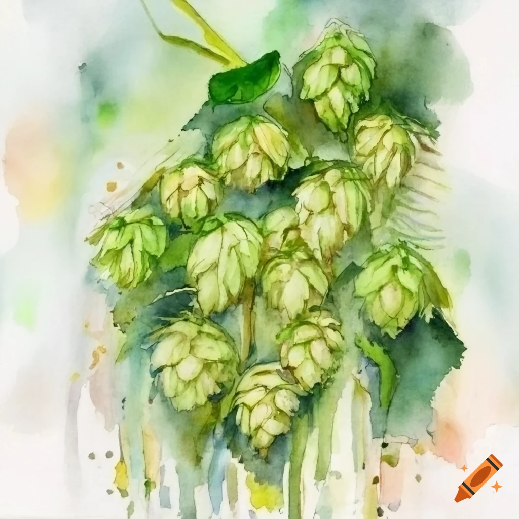 Watercolor painting of barley with hops plant