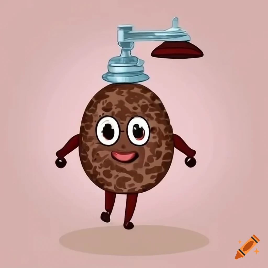 Coffee bean cute character drinking coffee under a shower head fixture ...