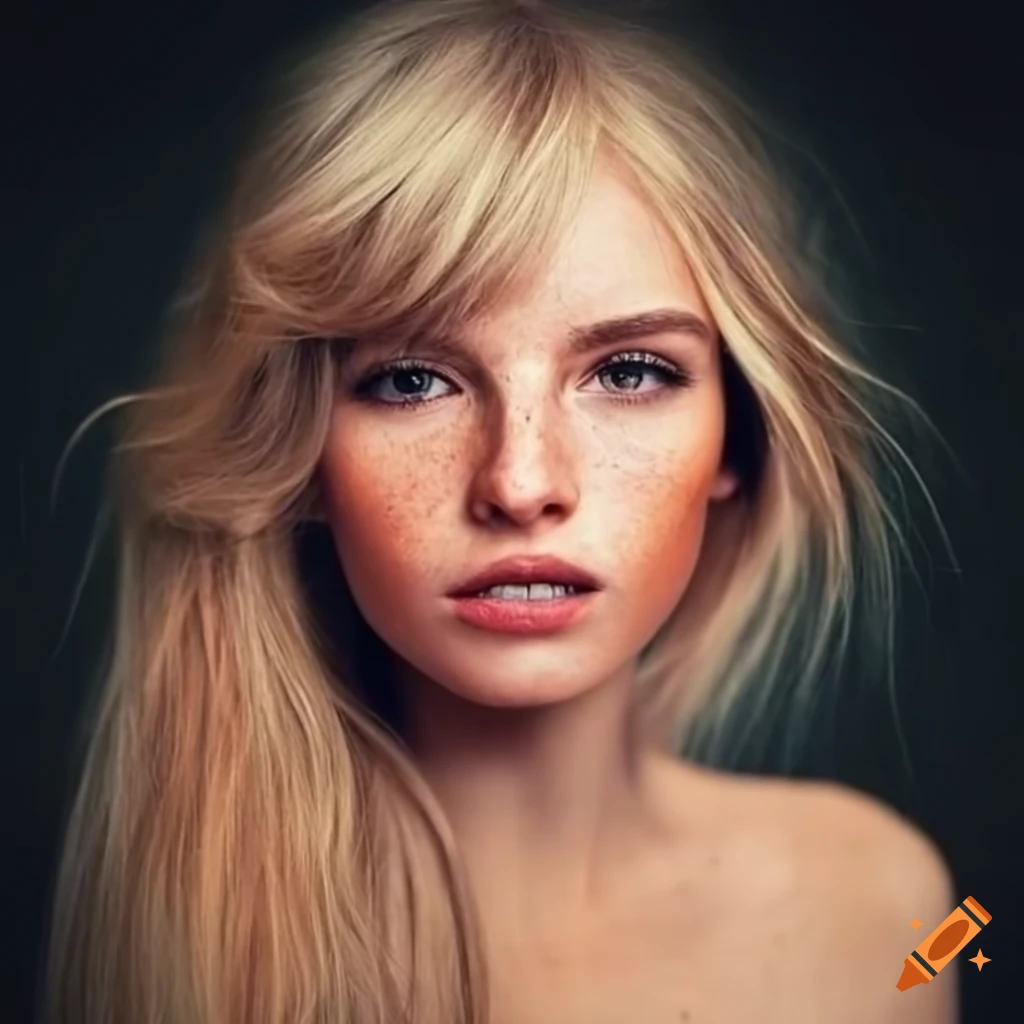 Beautiful young woman shoulder-length dark blonde hair very light freckles