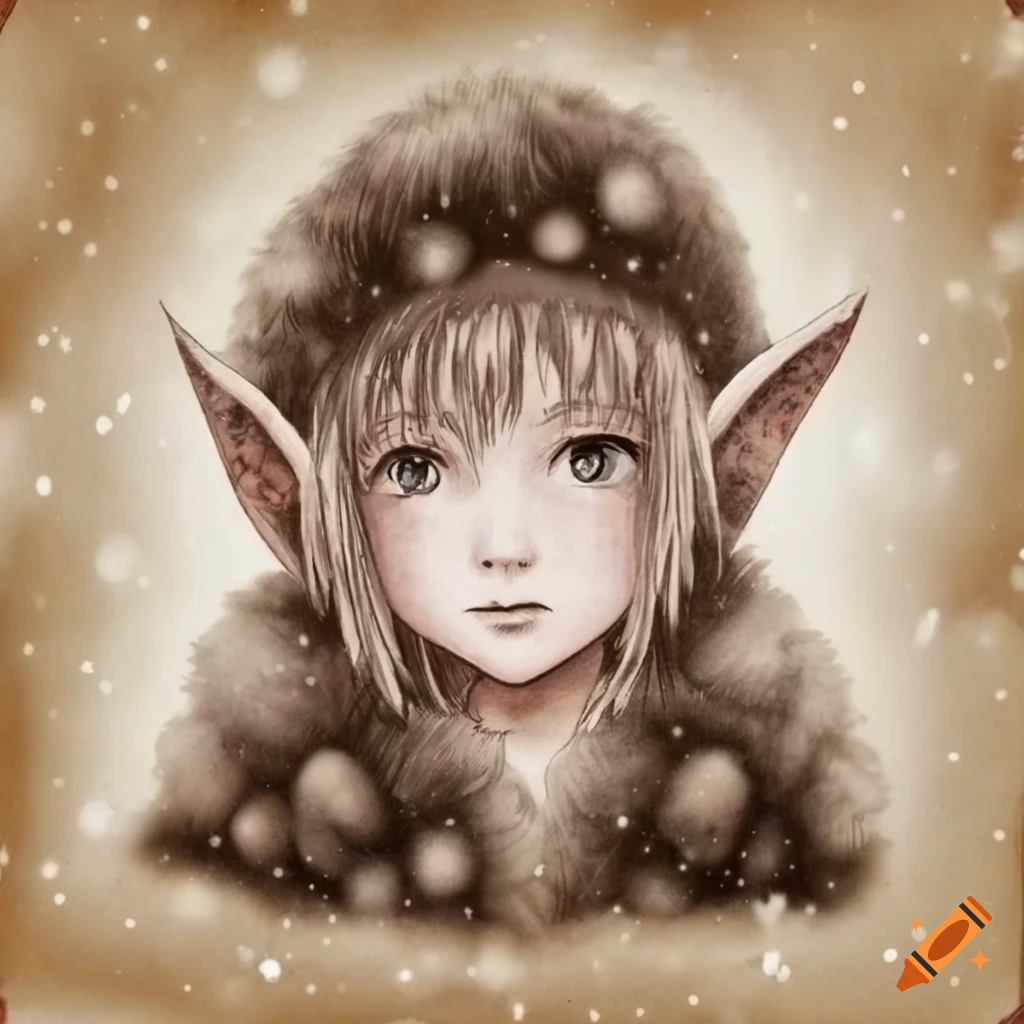 Elf child wearing furs during snowfall, sepia ink on parchment on Craiyon
