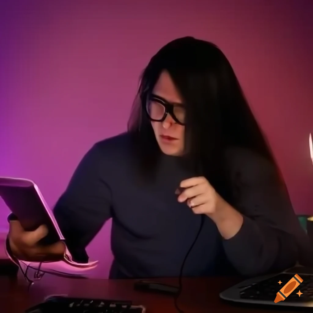 Male human streamer with long black hair and square black glasses ...