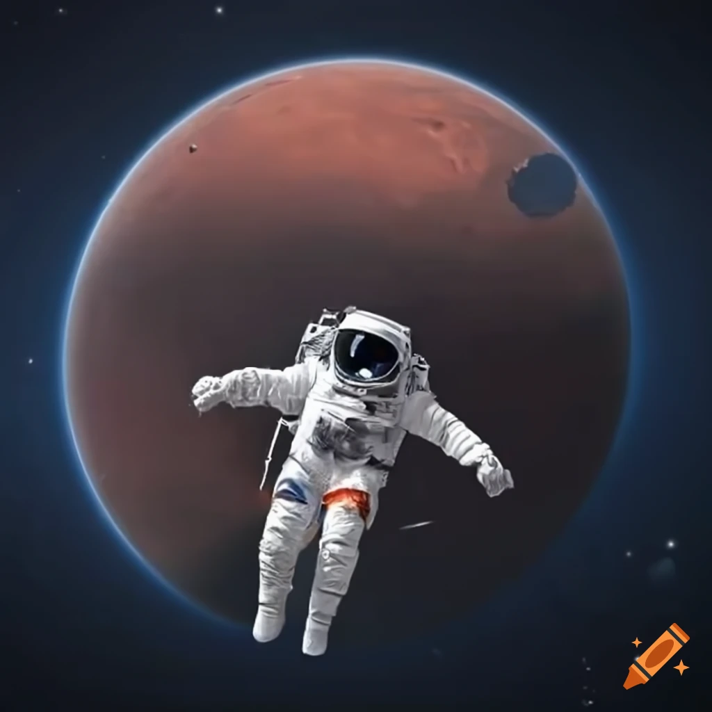 An astronaut floating in space with planet mars in the background