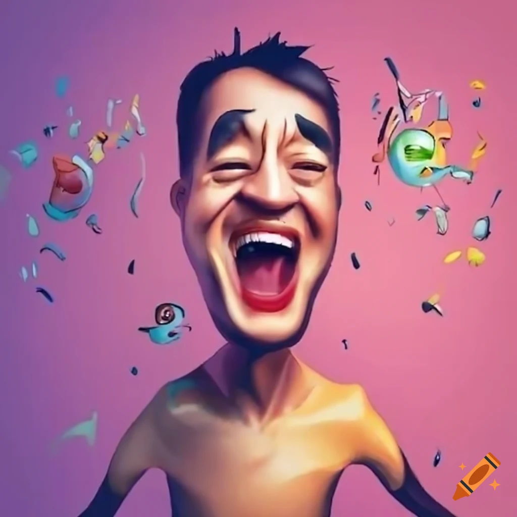 A group of playful cartoon comedians laughing until they cry