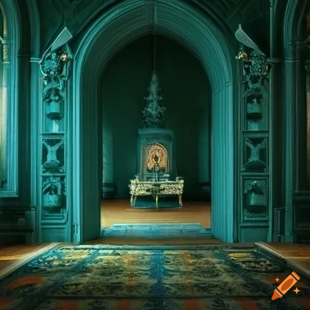 Castle interior cozy dim blue green opulent
