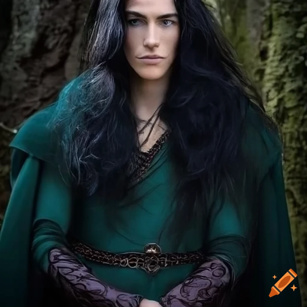 Cody fern as a heroic elf in the silmarillion, long black hair on Craiyon