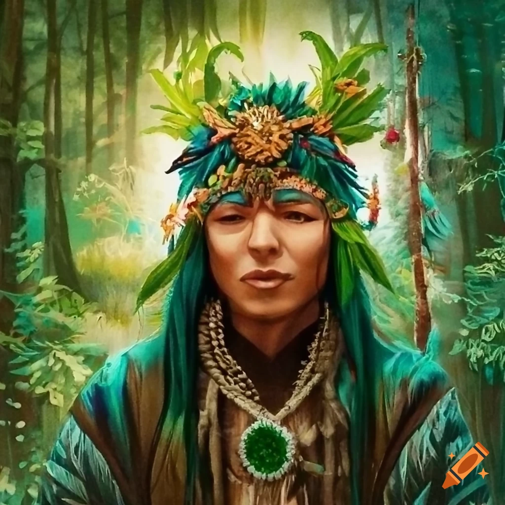 Shaman with a wreath of leaves, a straw staff and a reference to time ...