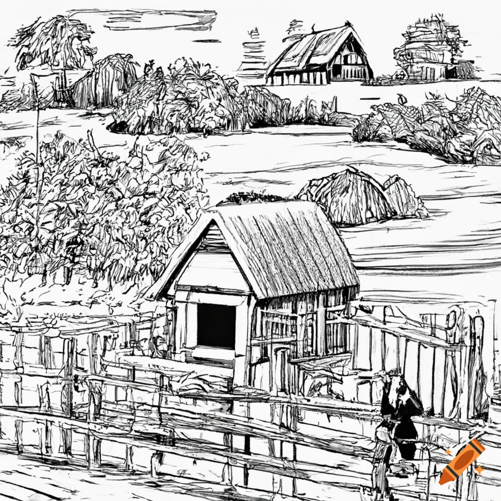 Manga drawing of a barn with open prairies in the background. there are ...