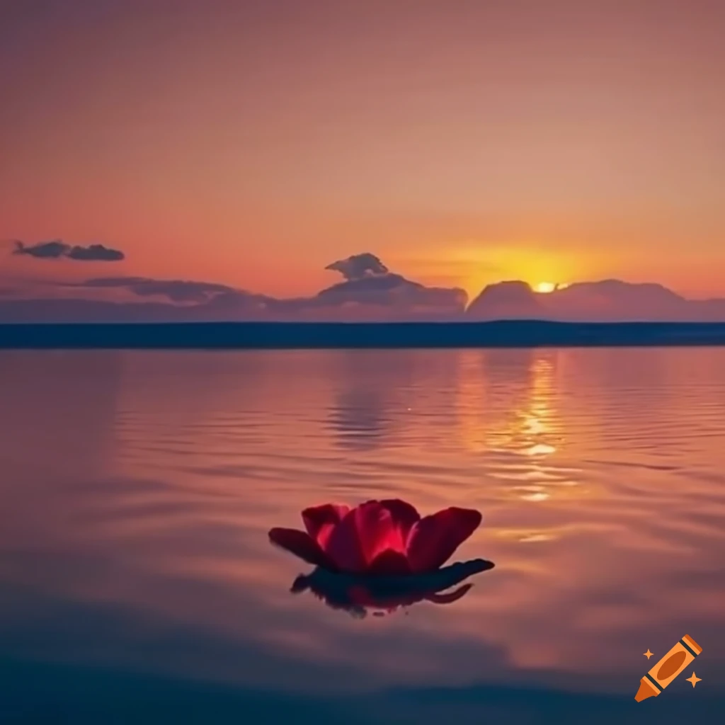 A tulip floating on a calm lake under an awesome sunset
