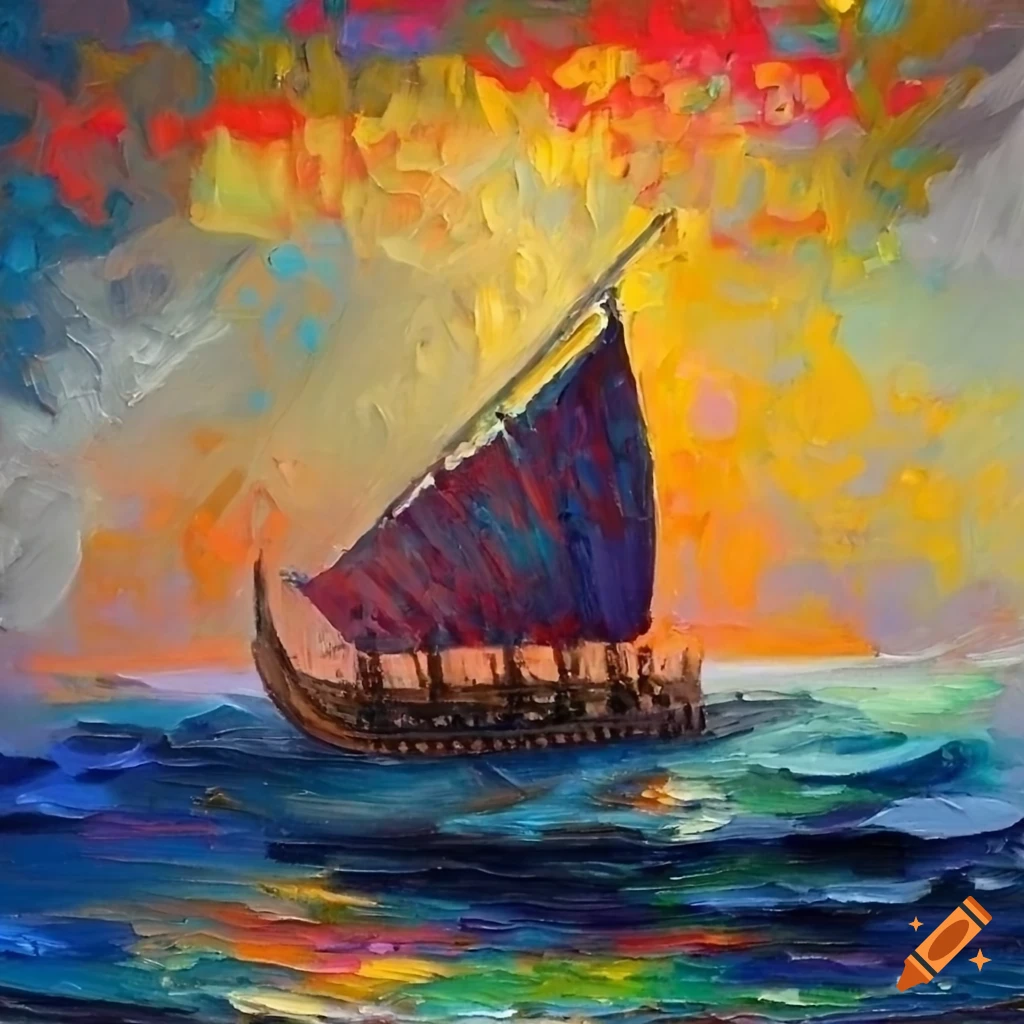 Stormy seas, ancient galley ship, angelic light from above ...