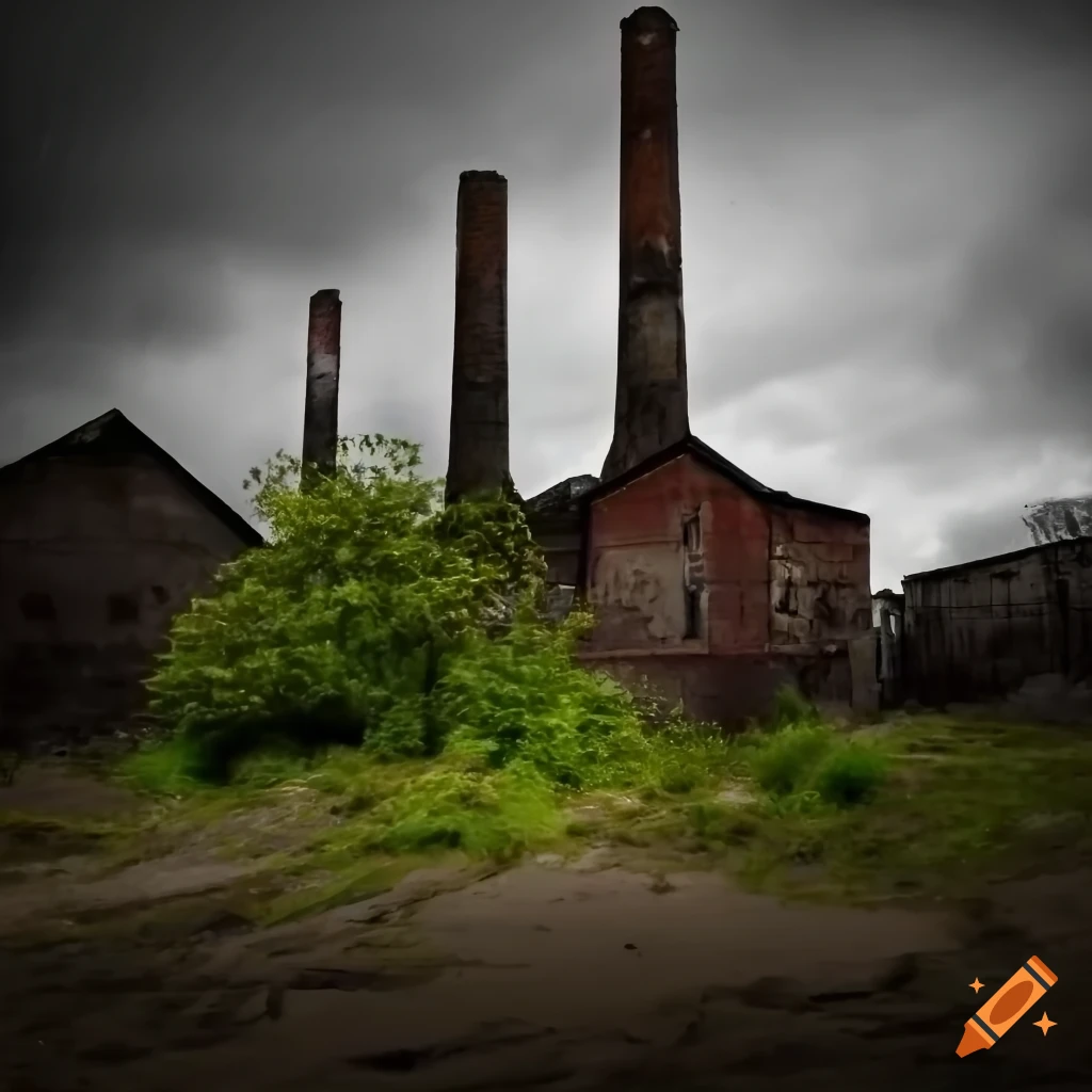 Old factory with vegetation growing around, sand and rocks, gray sky