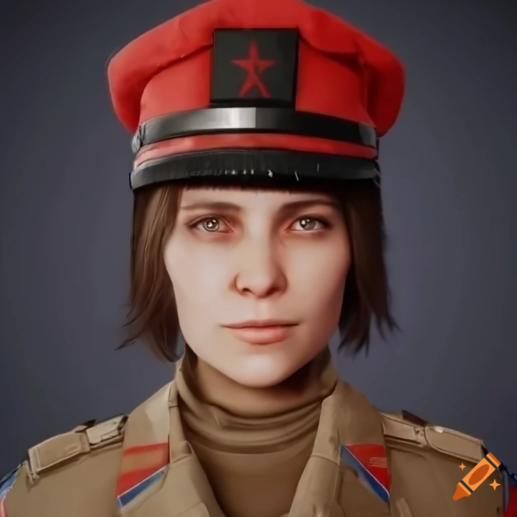 Unreal engine 5 portrait of sci-fi woman with red-black peaked cap ...