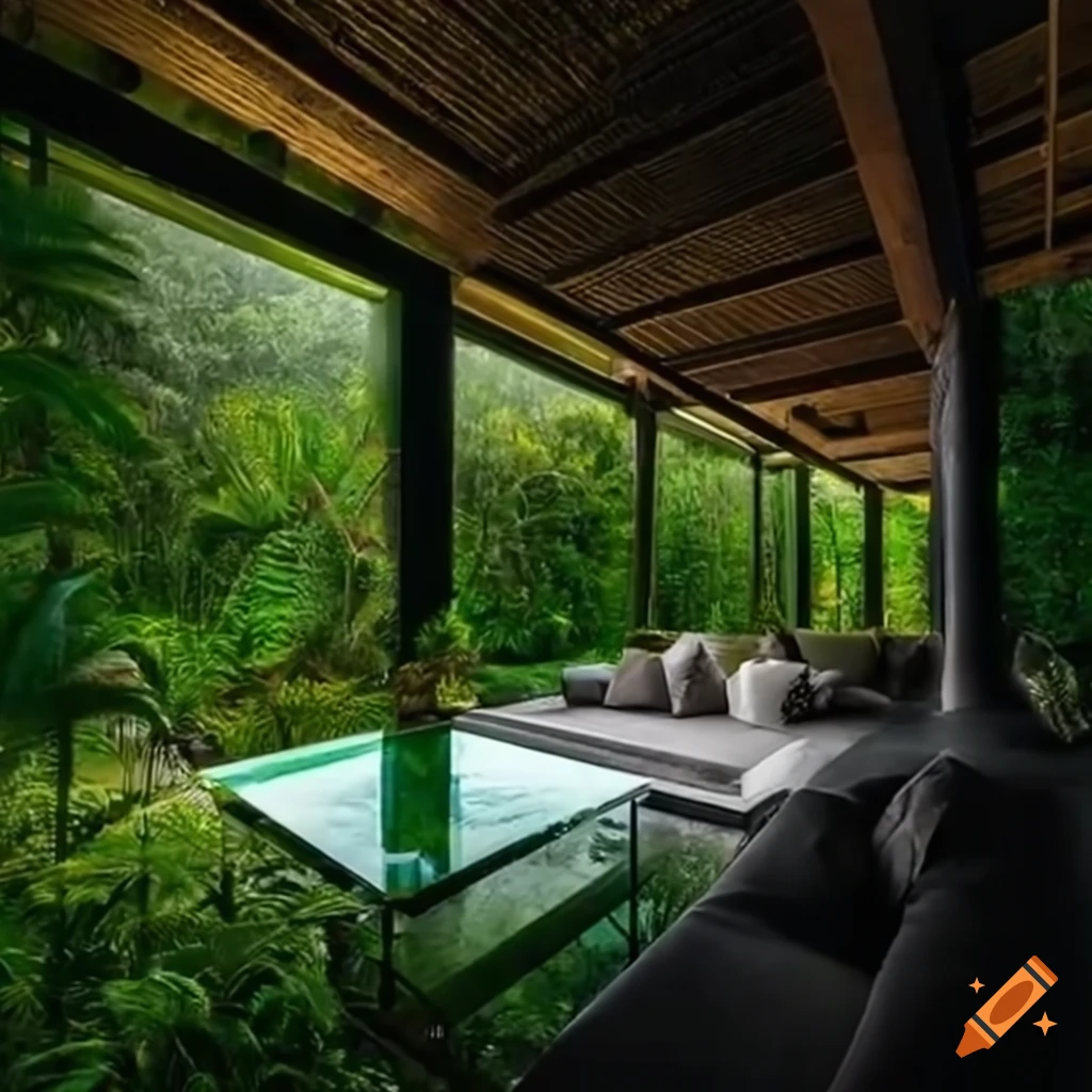 A super realistic luxurious house in a jungle. view from the inside on ...