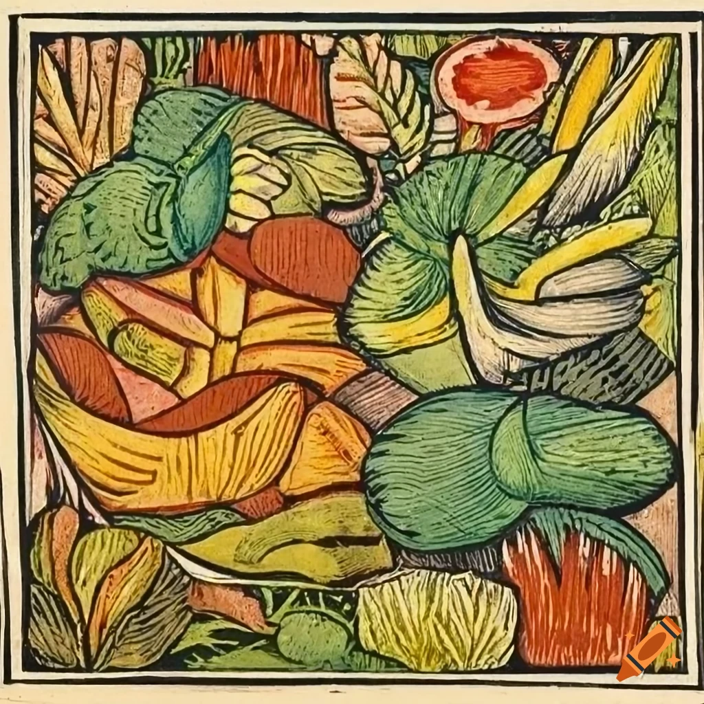 Color Woodcut by Diego Rivera of Farmers and growers, crops and plants ...