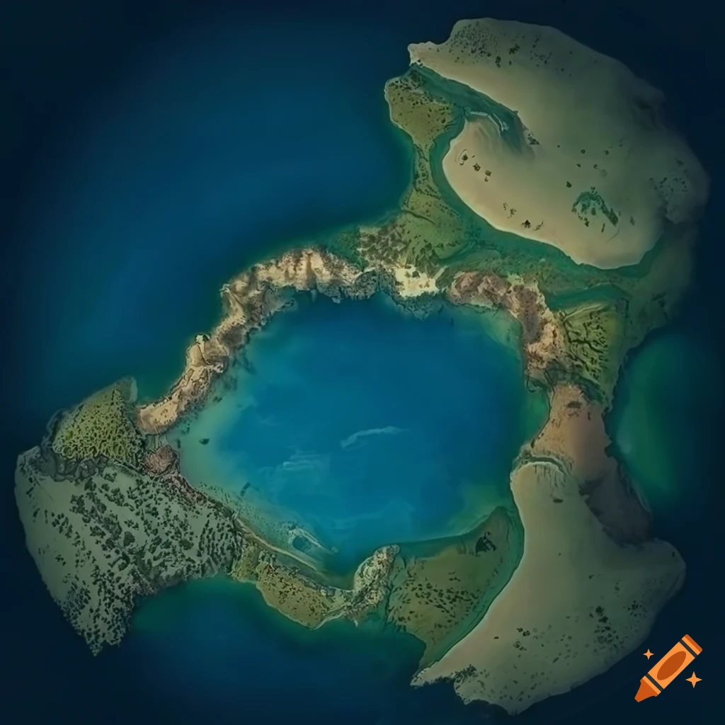 Detailed map of an island with snowy mountains, beaches, forests and ...