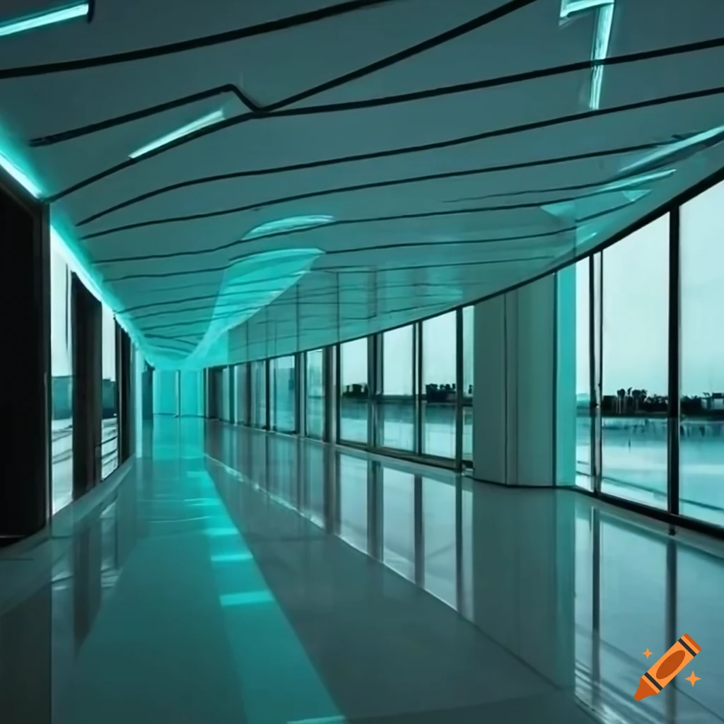 A huge empty liminal marble office lobby with ultra modern cyan and ...