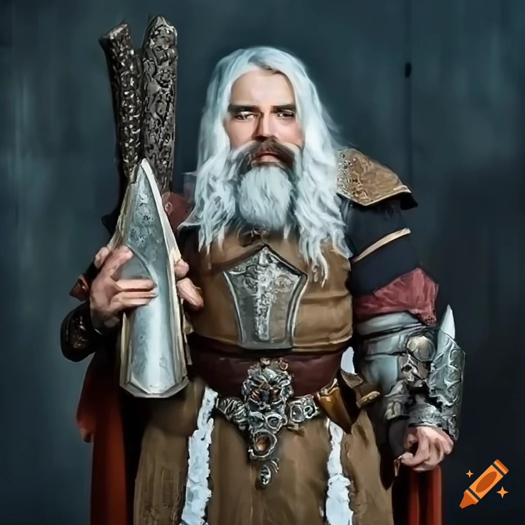 Cleric dwarf with long black and white hair , green eyes, worn face and ...