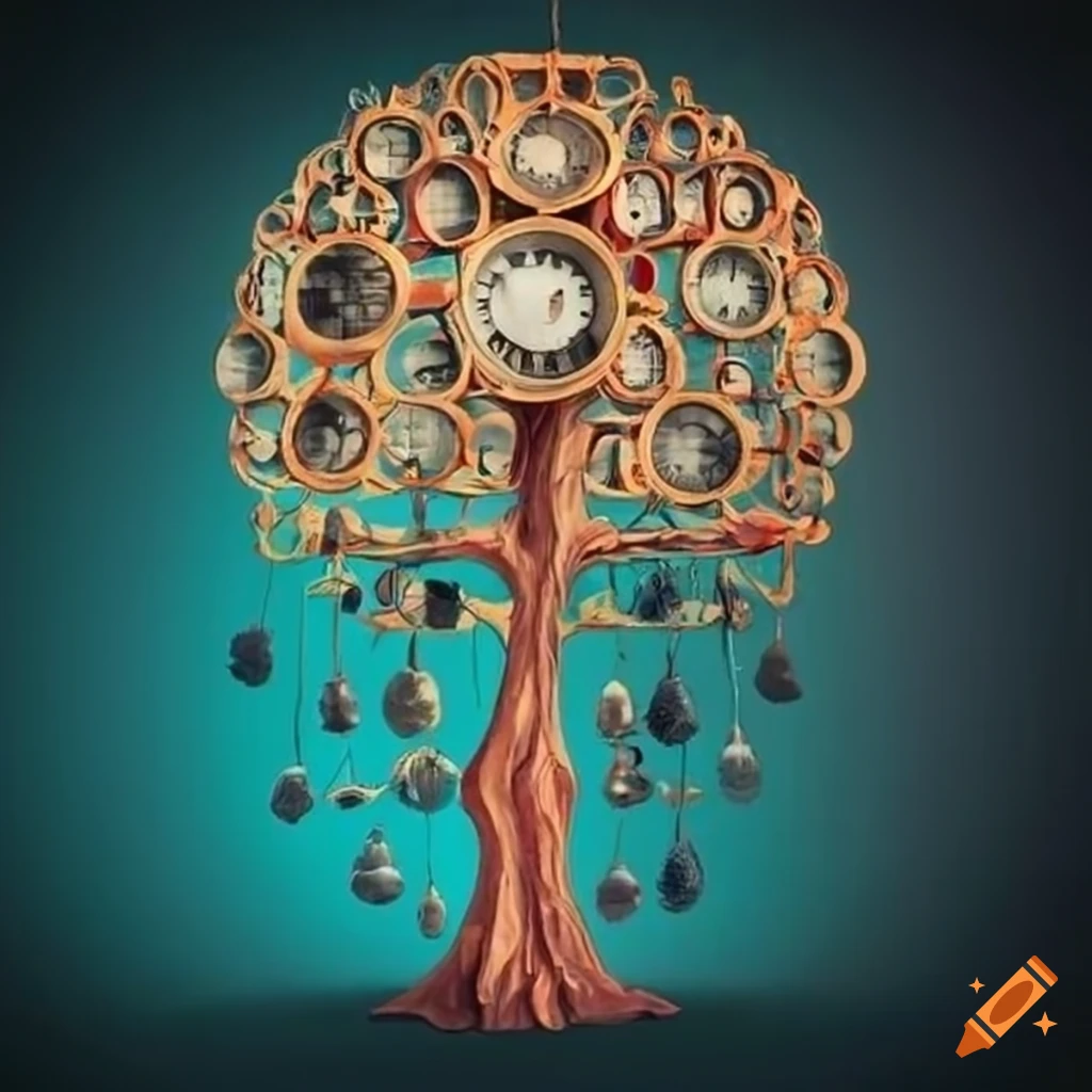 A surrealistic tree with many clocks hanging from it on Craiyon