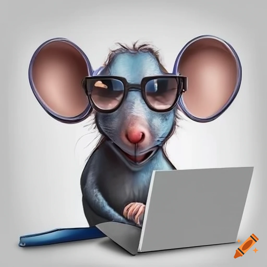 Funny picture of a 3d mouse wearing glasses, and using a computer