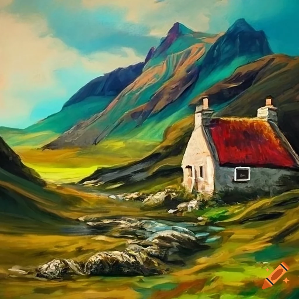 Scottish highlands crofters cottage painting