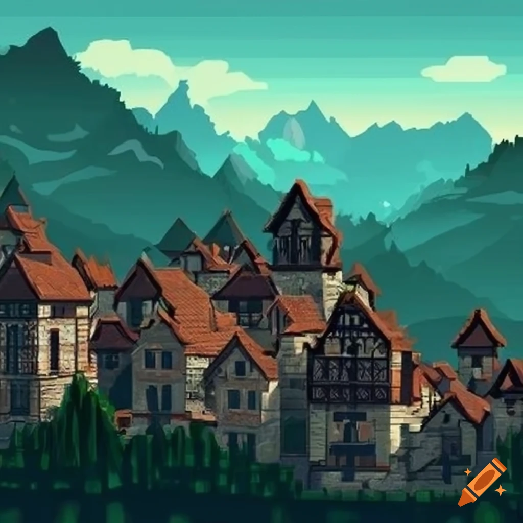 Medieval town, 16 bit style, mountain background on Craiyon