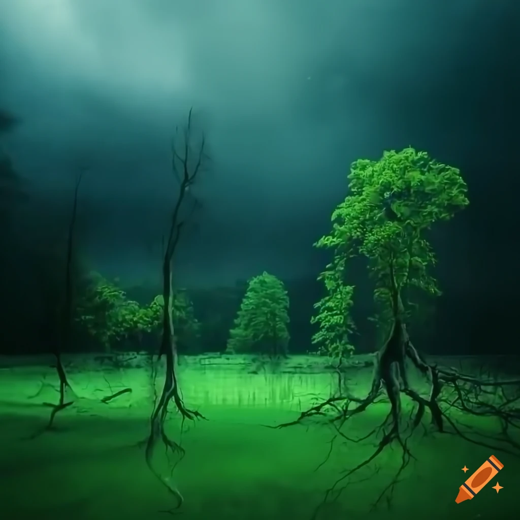 Thunderstorm over trees with intertwined roots, with cinematic effect ...