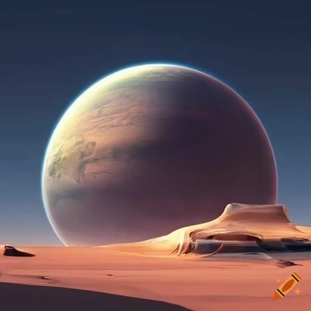 A hyper detailed stunning spaceship landed on a desert alien planet