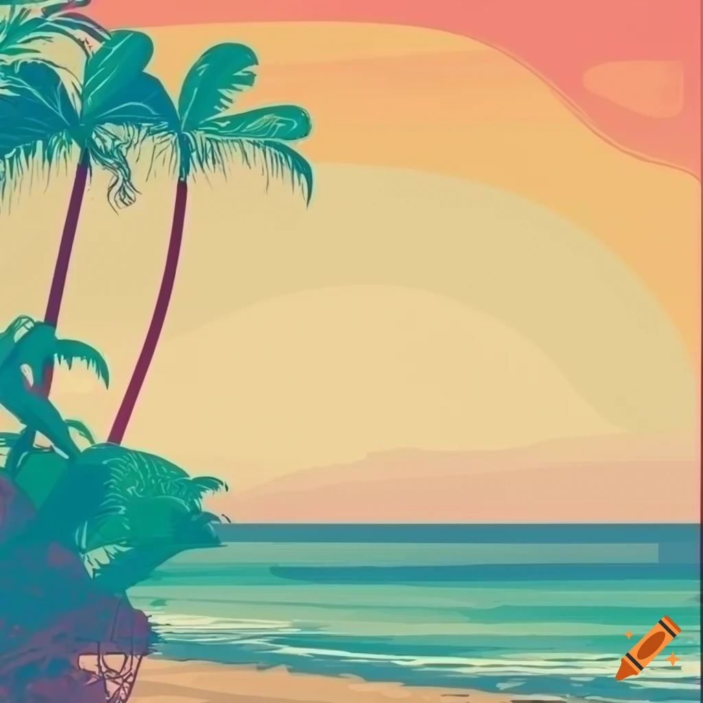 Vector Beach scene in vibrant colors with vintage poster-style on Craiyon