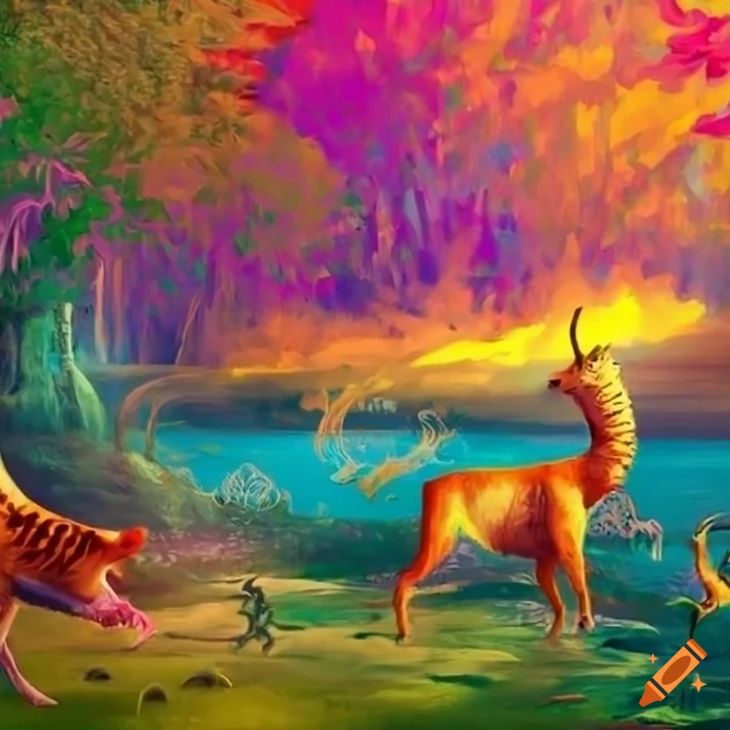 Colorful landscape with fantasy animals frolicking in it on Craiyon