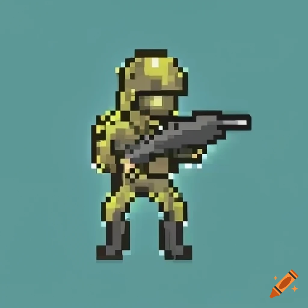 8-bit soldier holding a weapon in a video game facing sideways