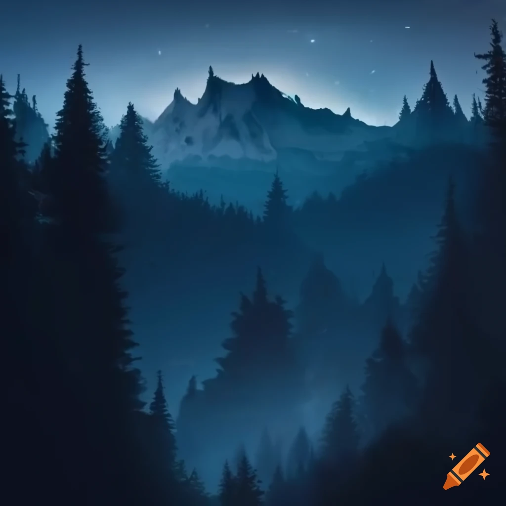 Mountains, forest, night on Craiyon