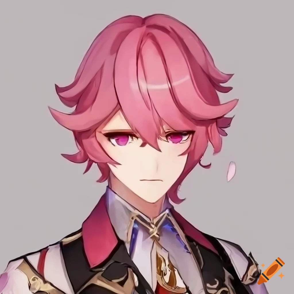The guy with pink hair in the style of the genshin impact game on Craiyon