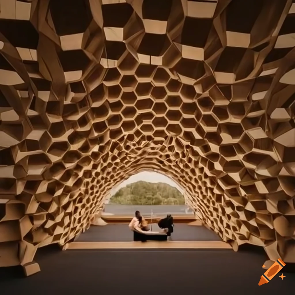 Futuristic wooden honeycomb pavilion with unique seating