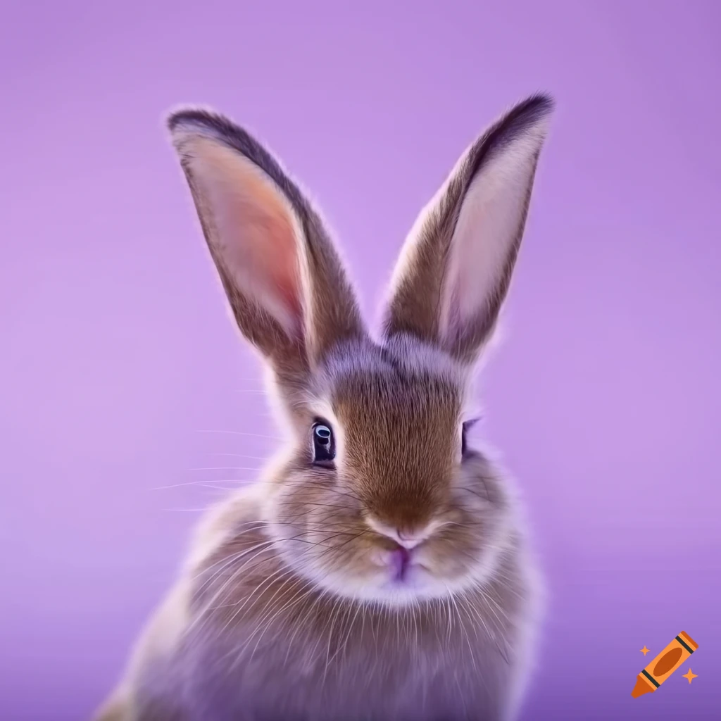 Oblique profile of a cute baby rabbit with fluffy light purple fur
