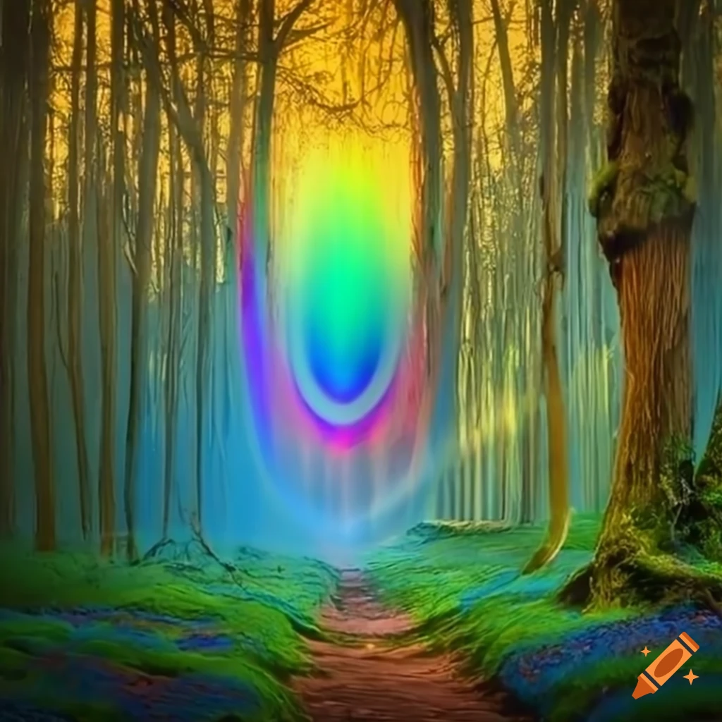 Um portal colorido como o arco iris na floresta encantada on Craiyon