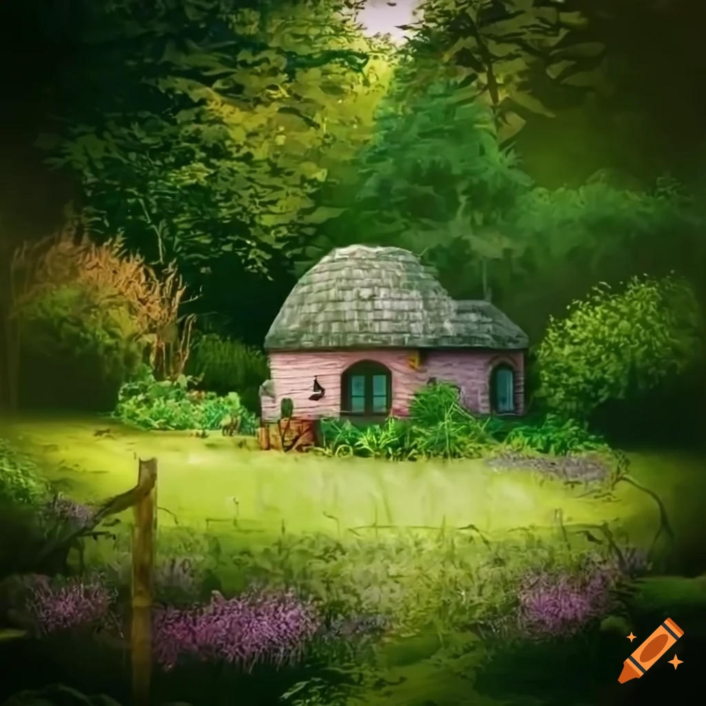 Digital landscape of woodland garden with tiny cob house near a river