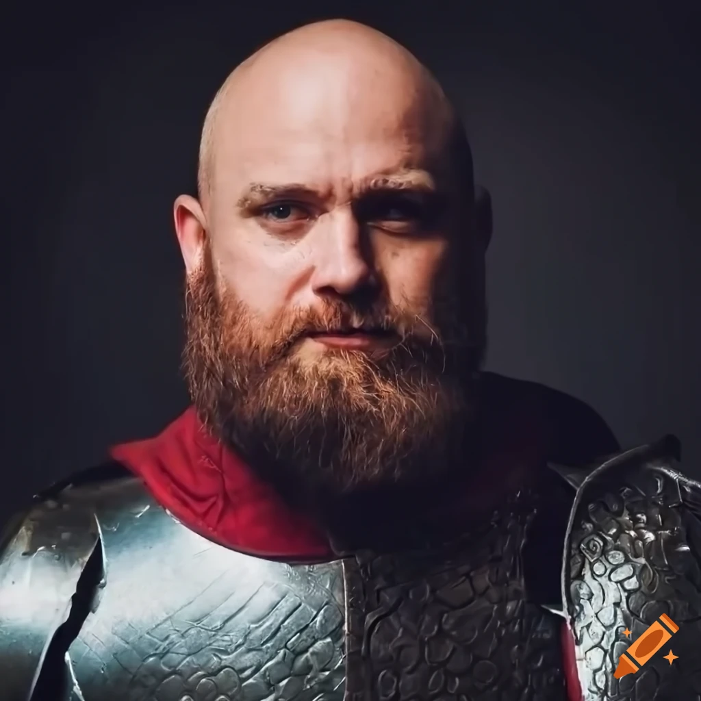 A portrait of paladin with heavy armor standing, red colored armor, big ...