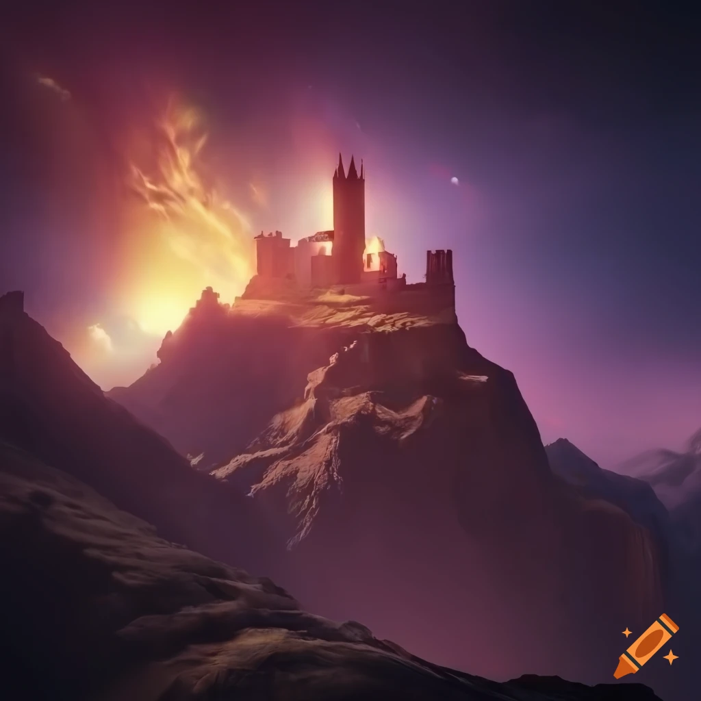 A derelict elizabethan castle in the himalayas, gold inlays, alps ...