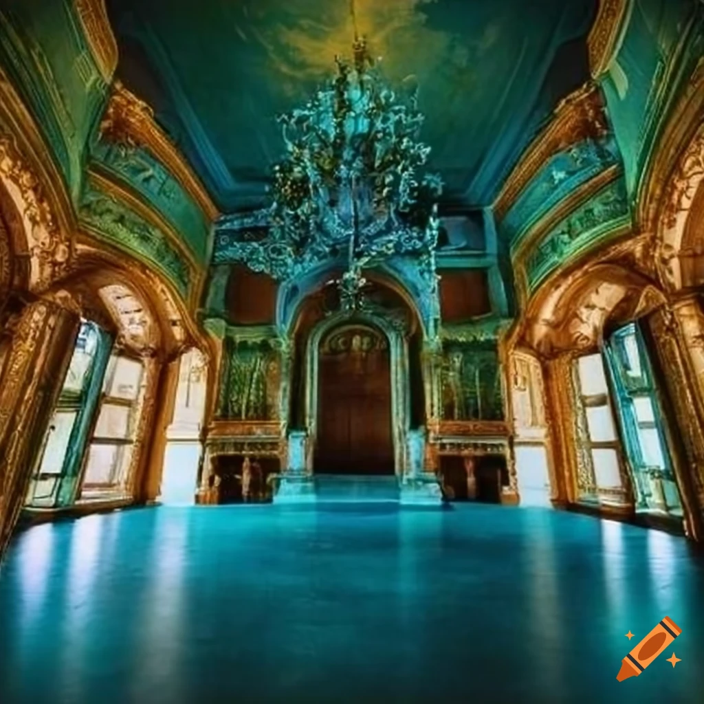 Castle interior cozy dim blue green opulent
