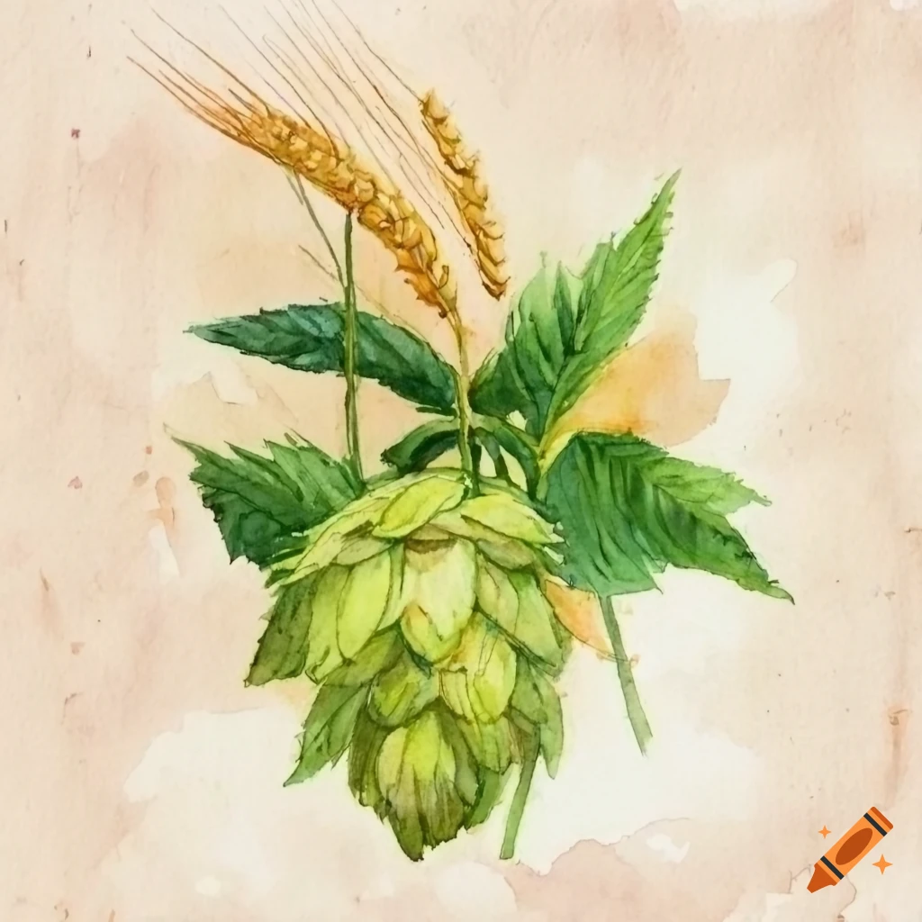 Watercolor painting of barley next to hops plant