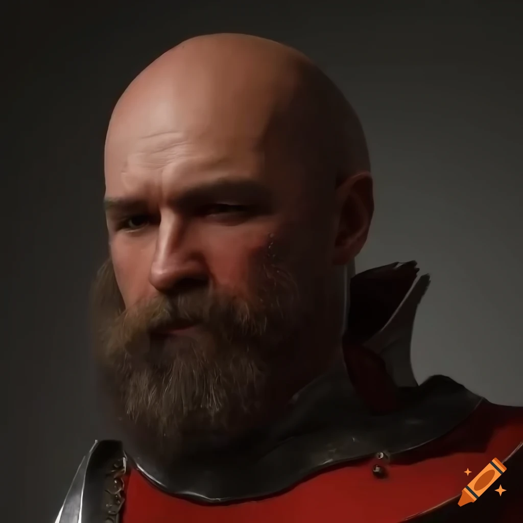 A portrait of paladin with heavy armor standing, red colored armor, big ...