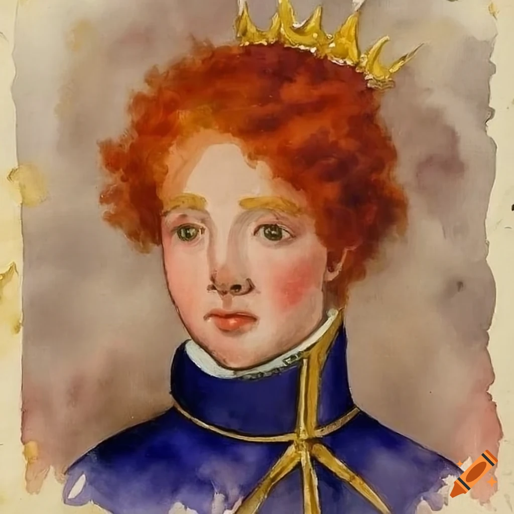 Portrait of a young prince with red hair and rosy cheeks on Craiyon