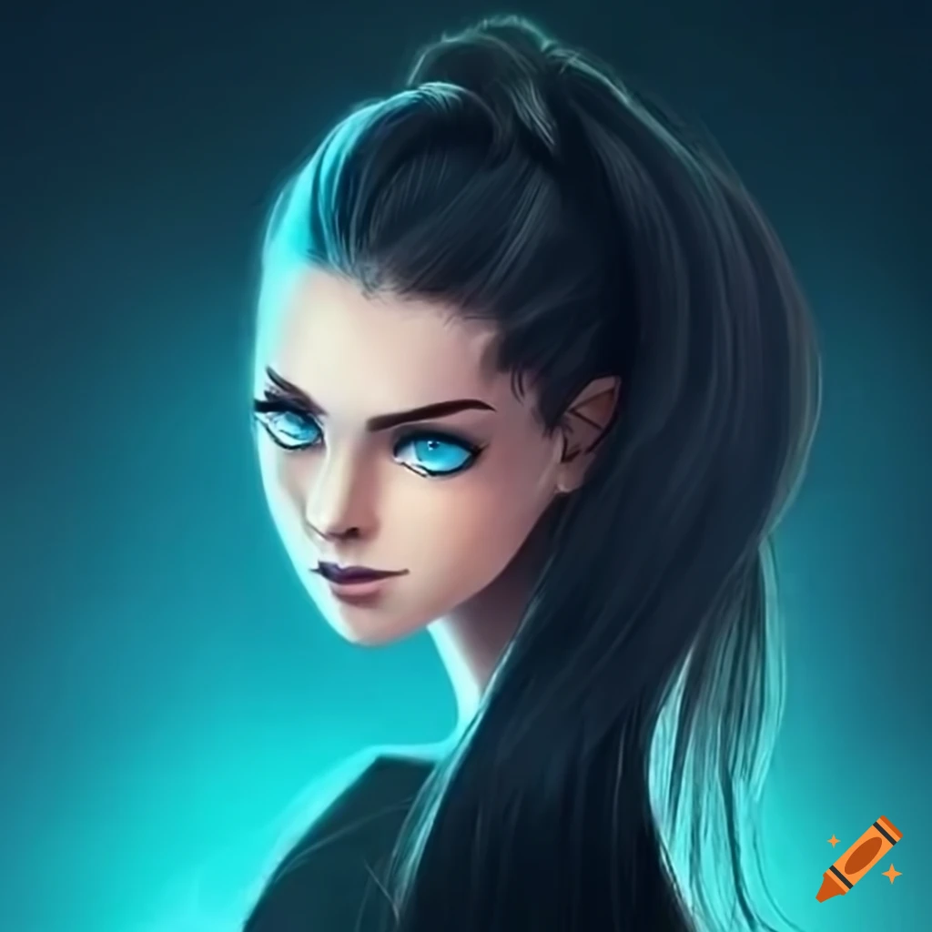 Black hair, ponytail, woman, blue eyes, scientist on Craiyon