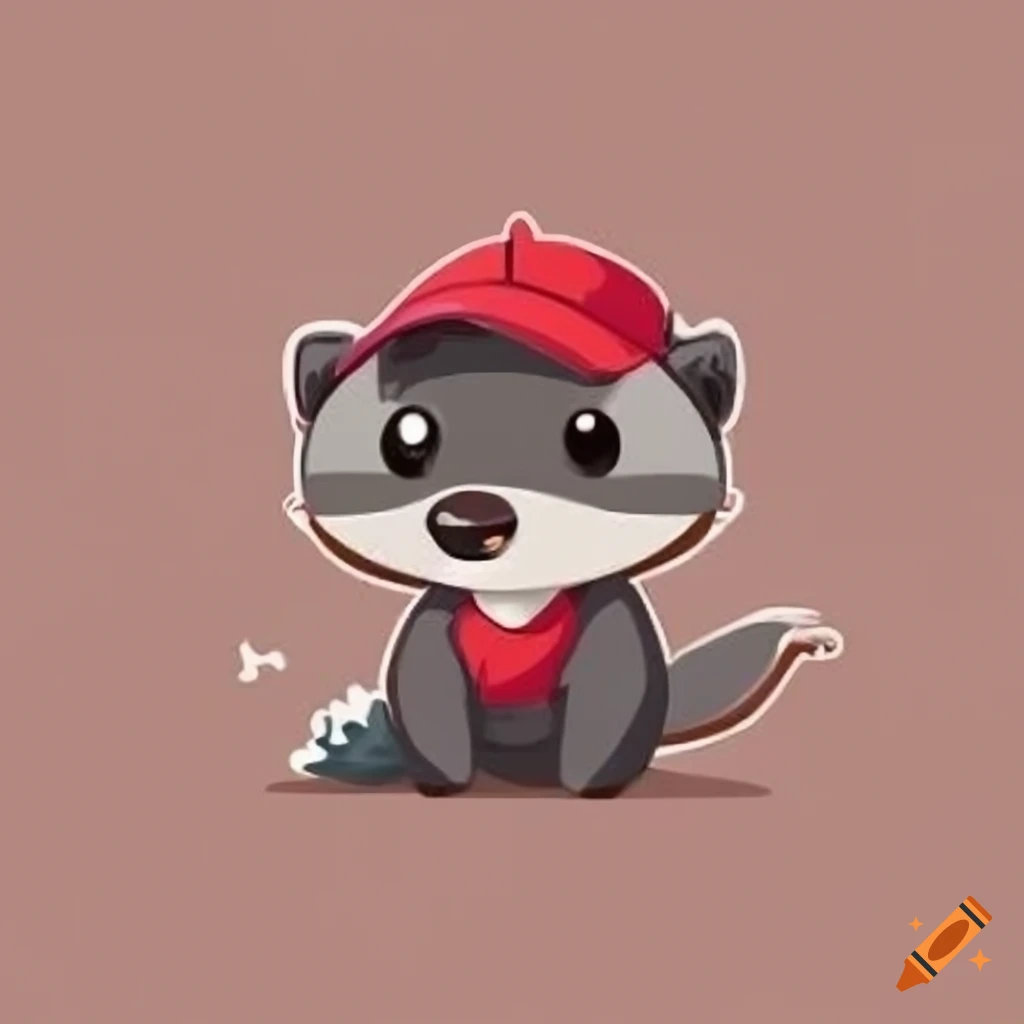 Happy chibi badger with red baseball cap, vector art, flat, vectorial ...
