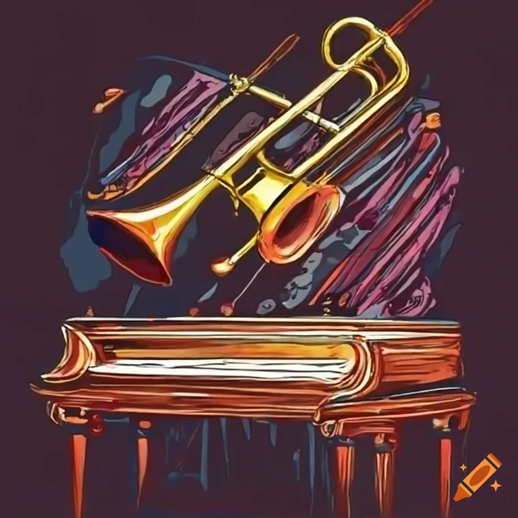 A musical stave drawing the countour of a trombone in front of a piano ...